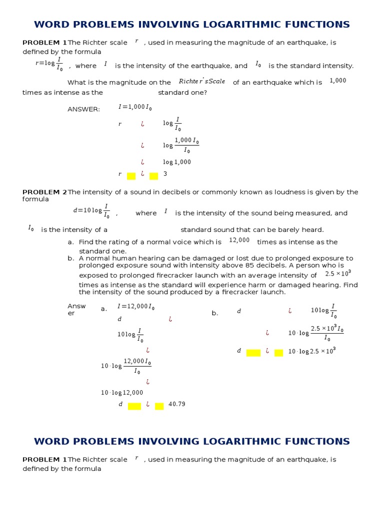 Log Problems Worksheet | PDF | Logarithm | Physics