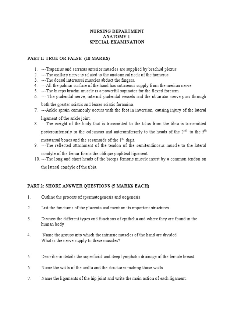 Nursing Department Anatomy 1 Special Examination: ND TH ST | PDF