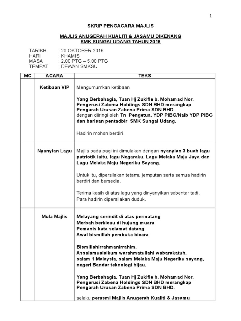 Skrip Majlis Anugerah Kualiti & Mengenang Jasa | PDF