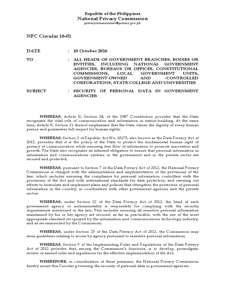 NPC Circular 16-01 Security of Personal Data in Government Agencies ...