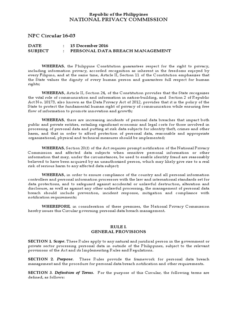 NPC Circular 16-03 Personal Data Breach Management | PDF | Personally ...