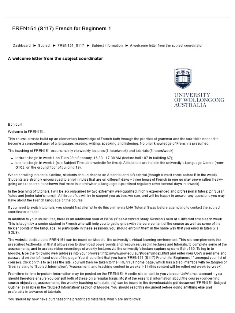 Welcome Letter From The Subject Coordinator | PDF | Lecture | Tutorial