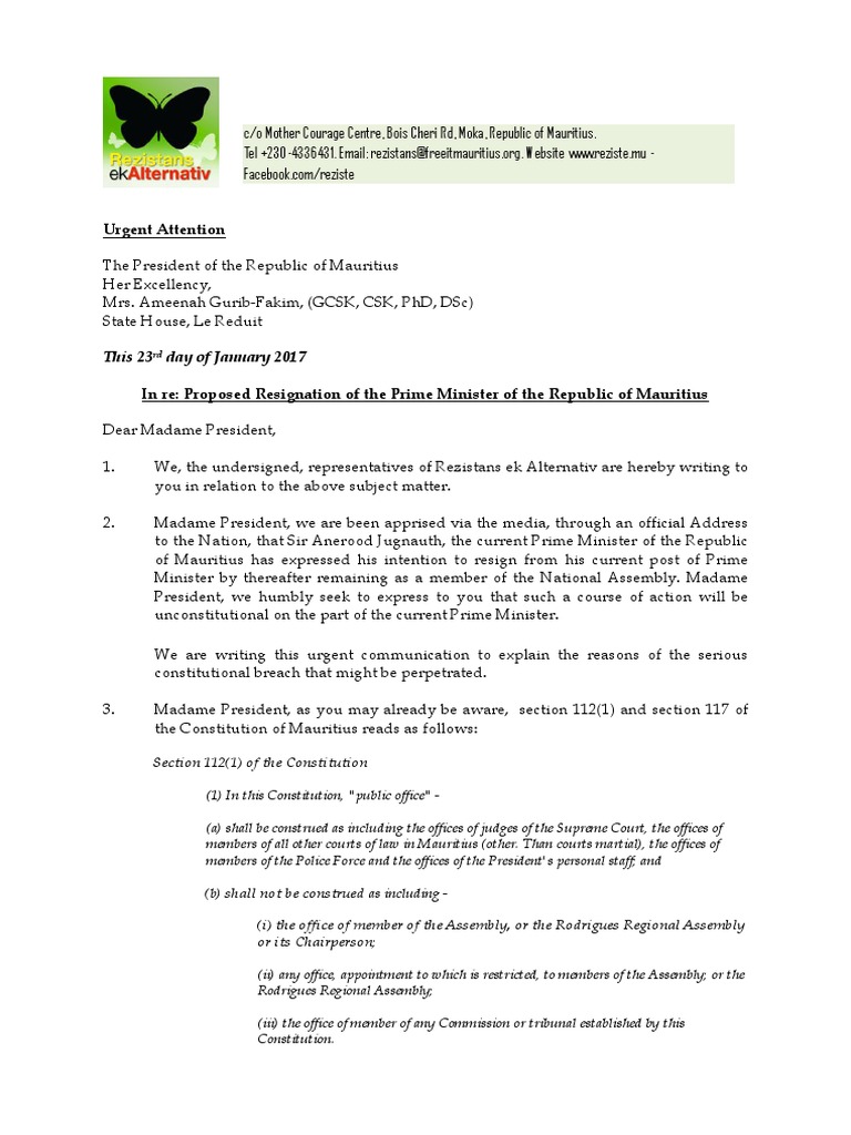 Official Letter To Madame The President of The Republic of Mauritius 23 ...