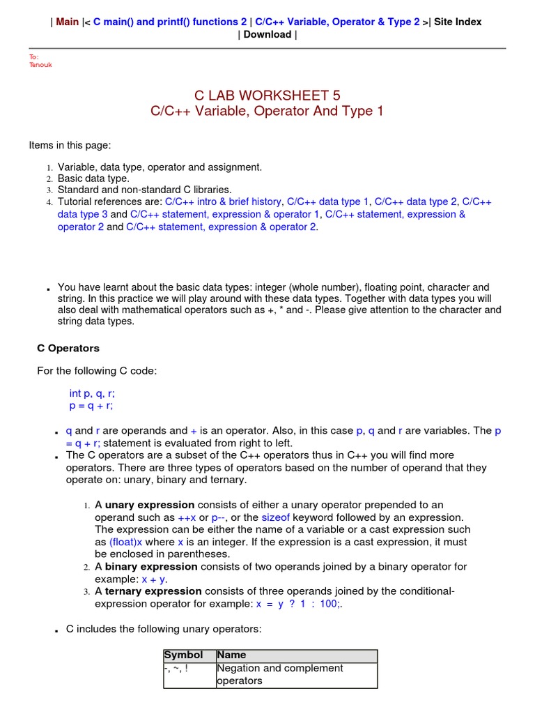 C Lab Worksheet 5 C/C++ Variable, Operator and Type 1 | PDF
