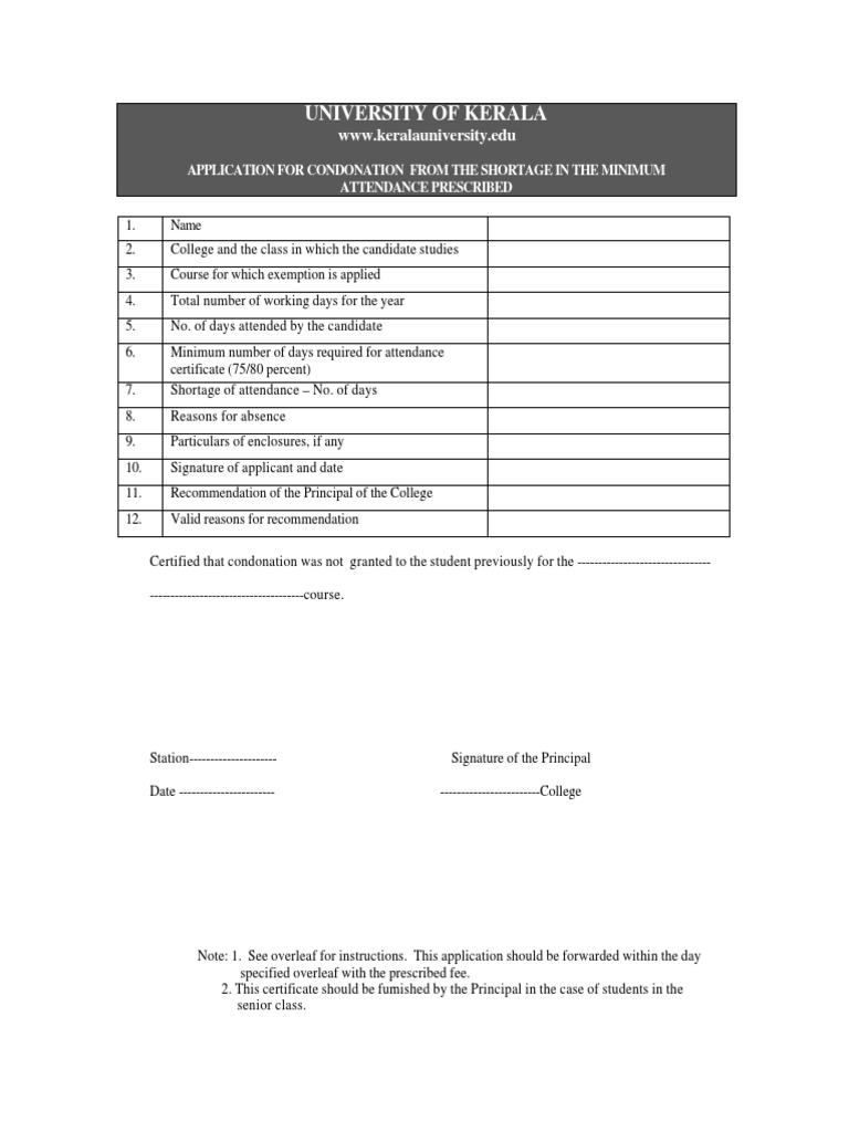 Kerala University attendance condonation form | PDF