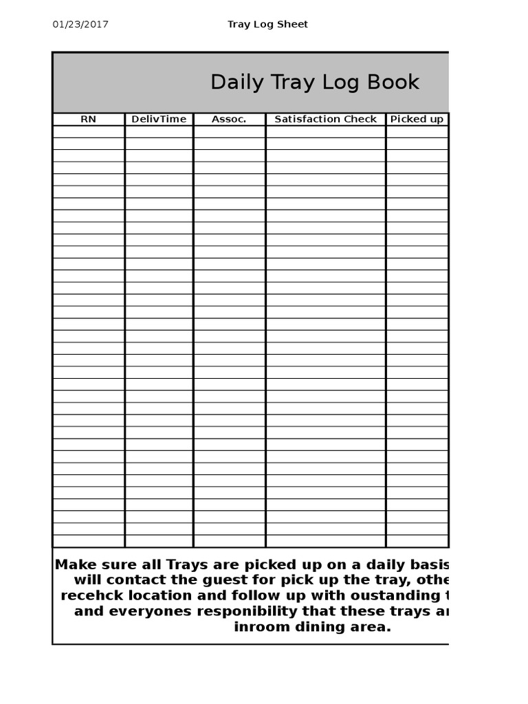 Tray Log Sheet
