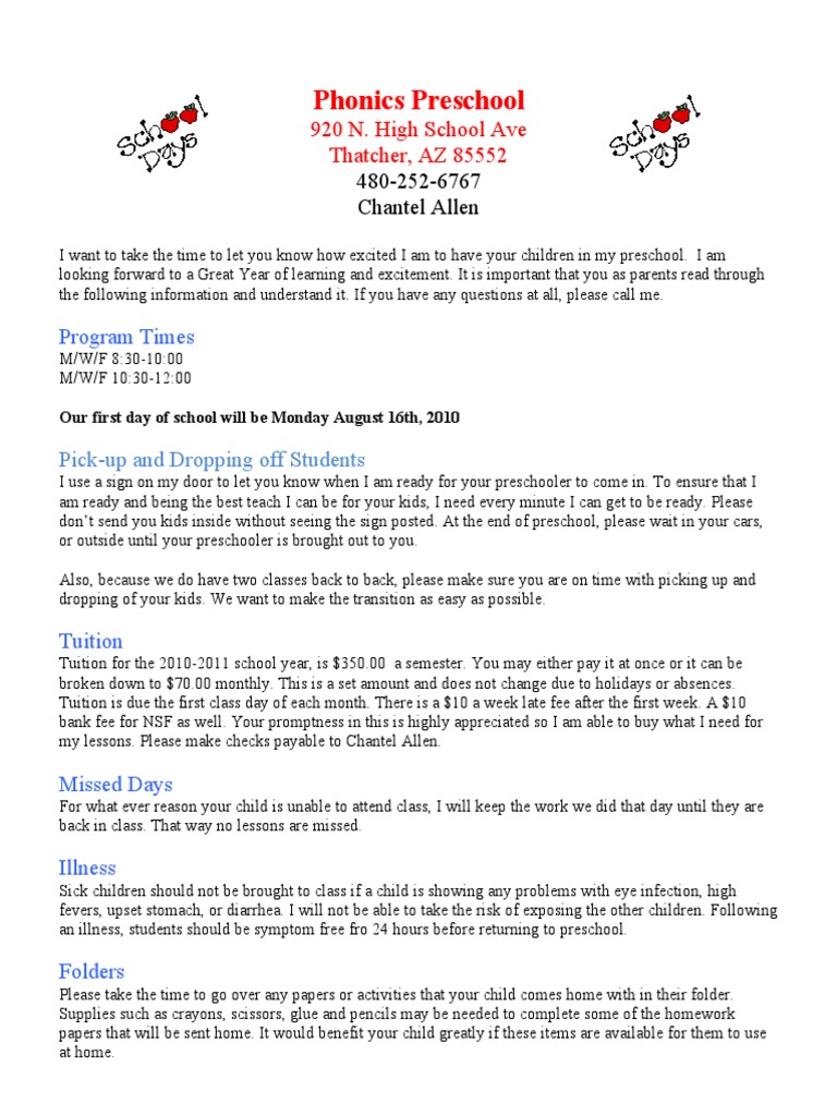 Preschool Information Sheet | PDF | Homework