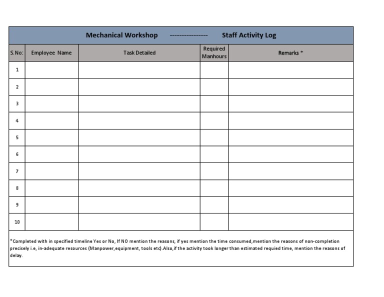 Mechanical Workshop - Staff Activity Log | PDF