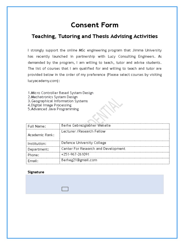Consent Form: Teaching, Tutoring and Thesis Advising Activities | PDF