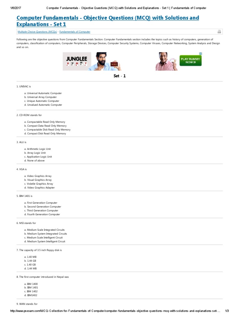 Computer Fundamentals - Objective Questions (MCQ) With Solutions and ...