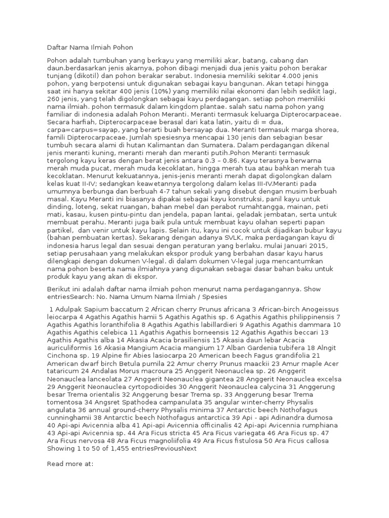 Daftar Nama Ilmiah Pohon Pdf Kajian Bahasa Asing Griya And Taman 