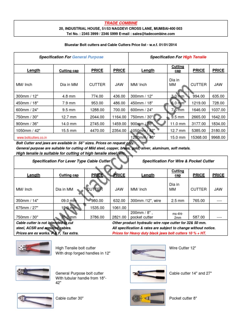 Bluestar Bolt & Cable Cutters Price List | PDF | Home & Garden ...