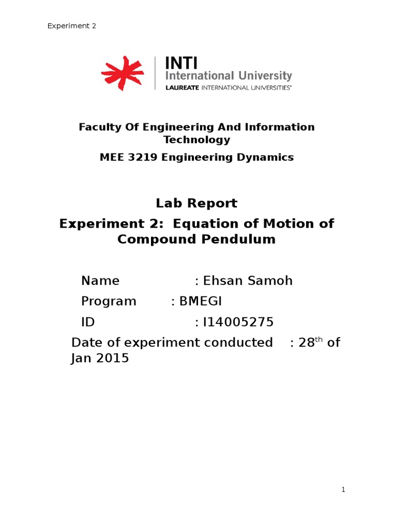 Lab Report Experiment 2: Equation of Motion of Compound Pendulum | PDF | Pendulum | Mass