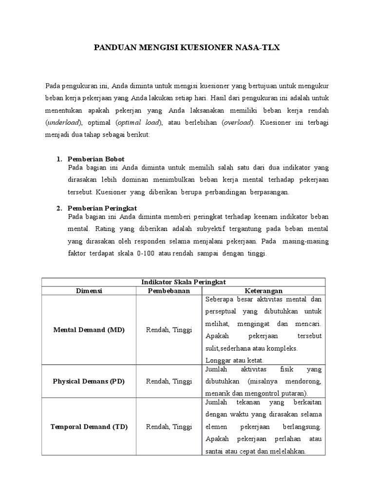 Kuesioner NASA TLX | PDF