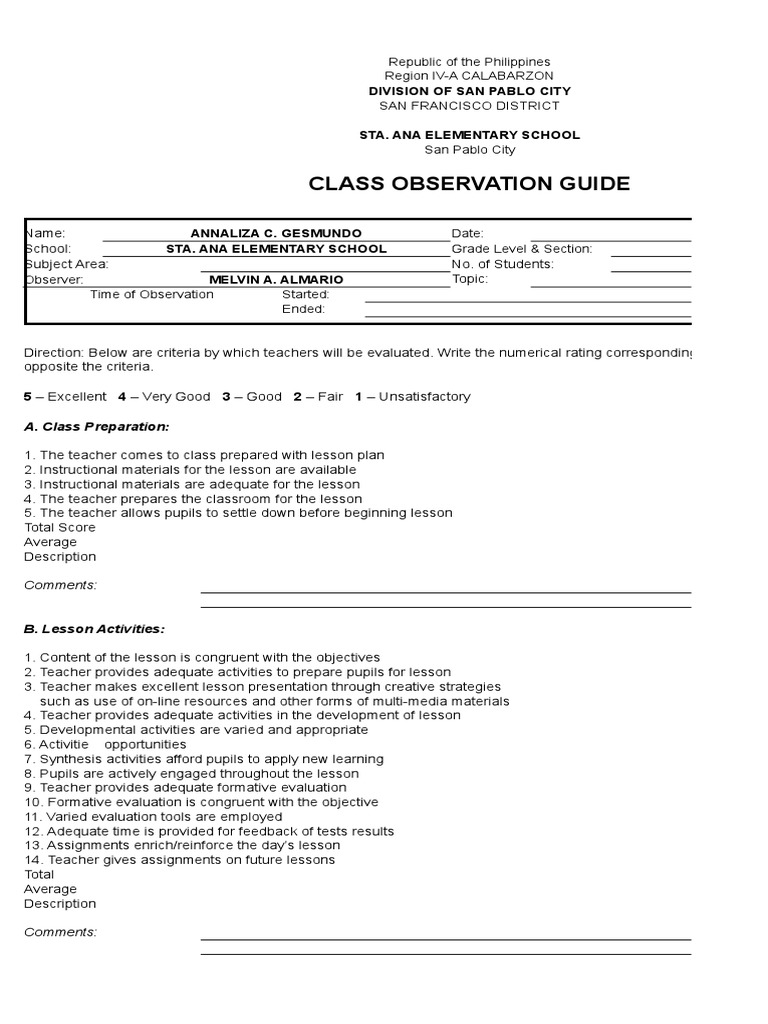 Class Observation Guide: Division of San Pablo City | PDF | Teachers ...