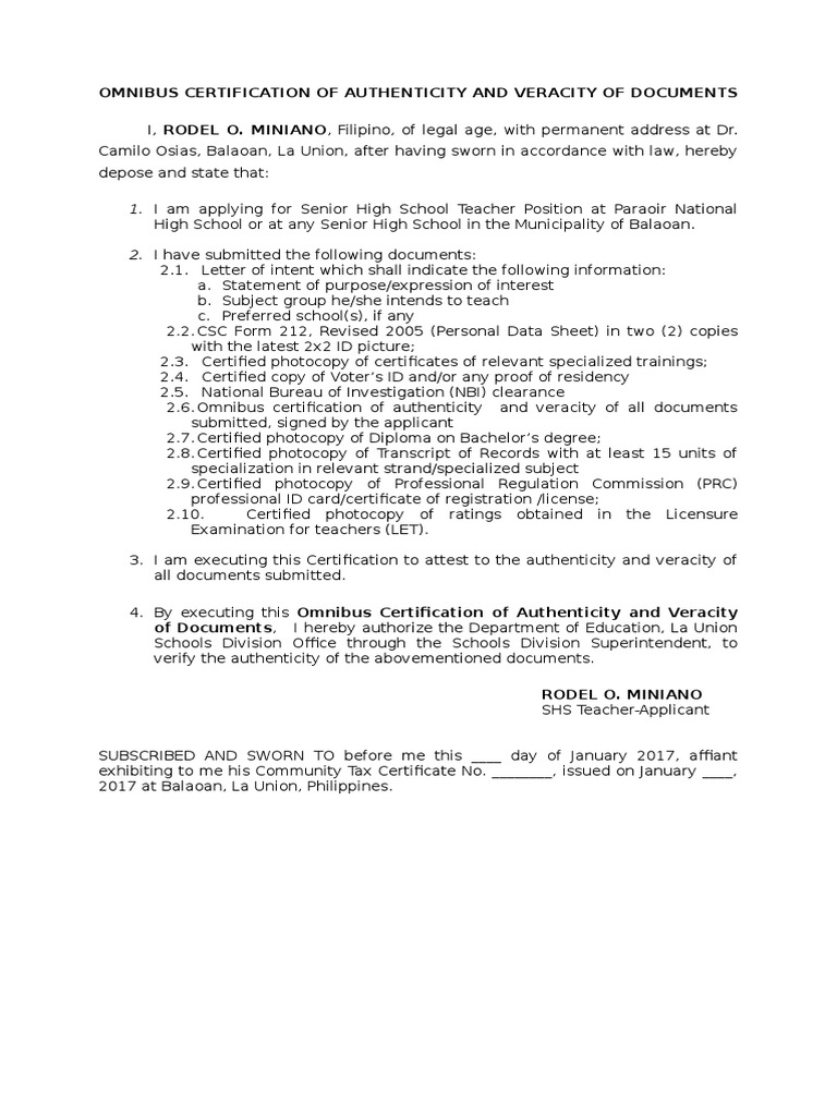 Omnibus Certification of Authenticity and Veracity of Documents | PDF
