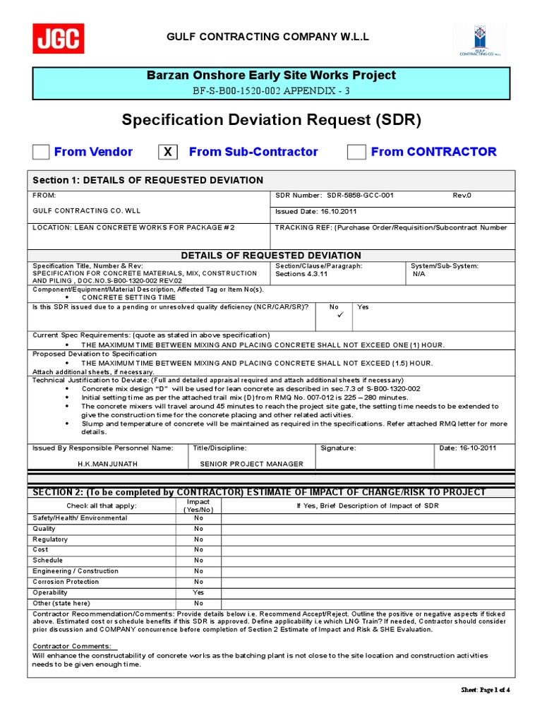 Specification Deviation Request (SDR) : From Vendor From Sub-Contractor ...