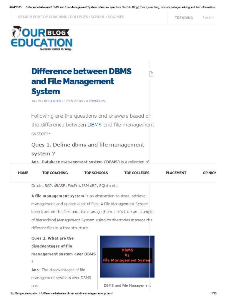 Difference Between DBMS and File Management System Interview QuestionsOurEdu Blog - Exam ...