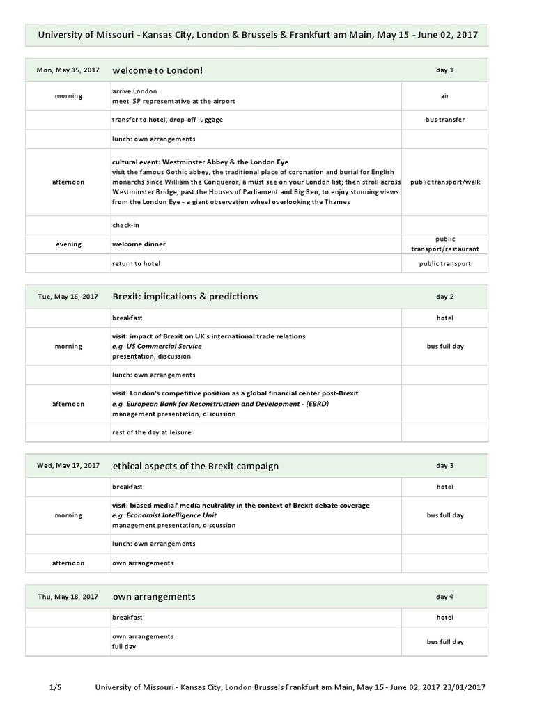 Tentative Itinerary - 17 Missouri 04 - 23.01.2017 | PDF | London | Brussels