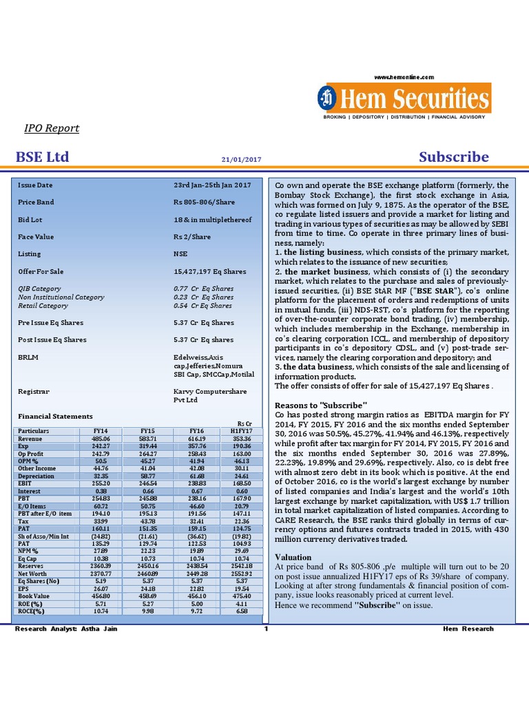 Bse LTD Subscribe: IPO Report | PDF | Stocks | Initial Public Offering