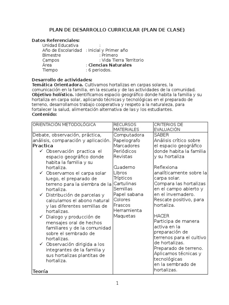 Plan de Clase: Hortalizas y Espacio Familiar | PDF | Siembra | Science