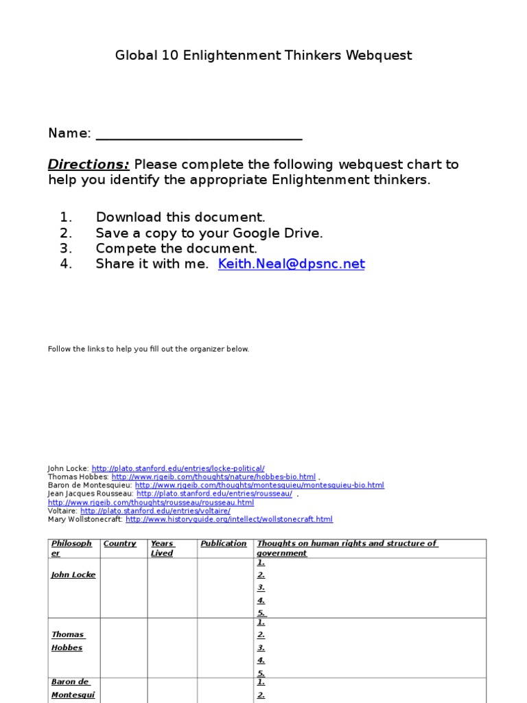 Enlightenment Webquest | PDF | Age Of Enlightenment | Jean Jacques Rousseau