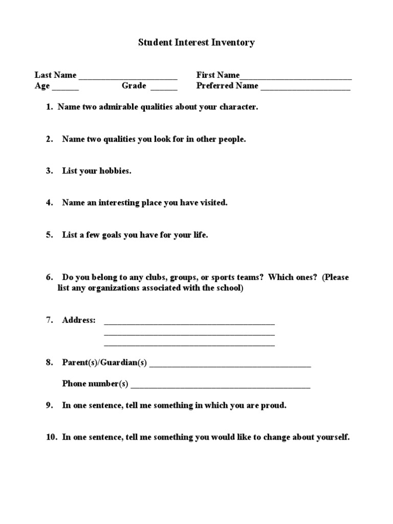 Student Interest Inventory Template | PDF