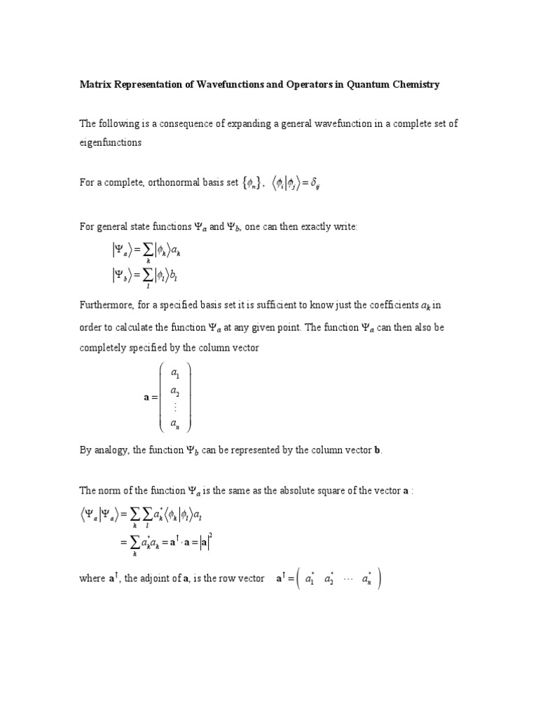 Matrix Representation of Wavefunctions and Operators in Quantum Chemistry | PDF | Basis (Linear ...