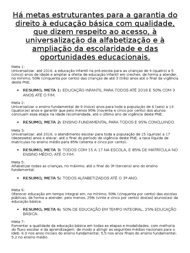 Ok - 20 Metas - Pne | PDF | Ensino Superior | Pré-escola