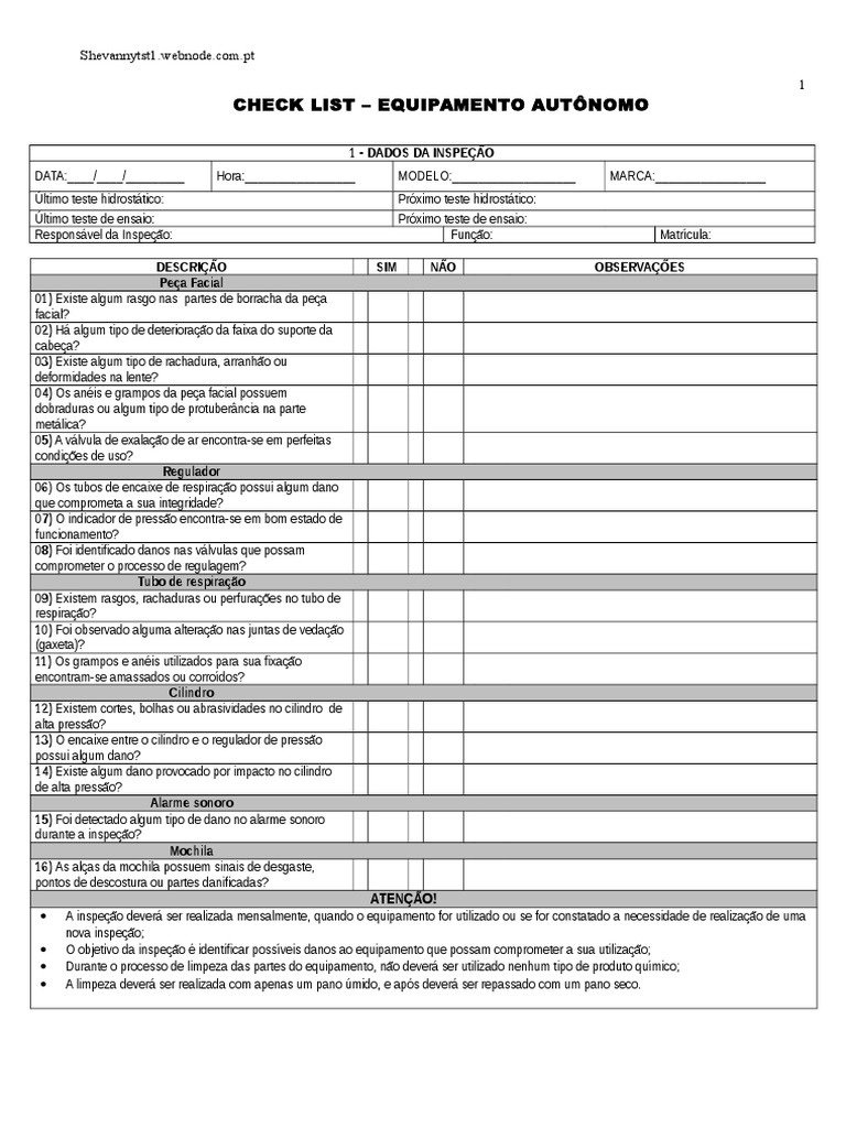 Check List - Equipamento Autônomo | PDF | Ciências e Matemática | Tecnologia e Engenharia
