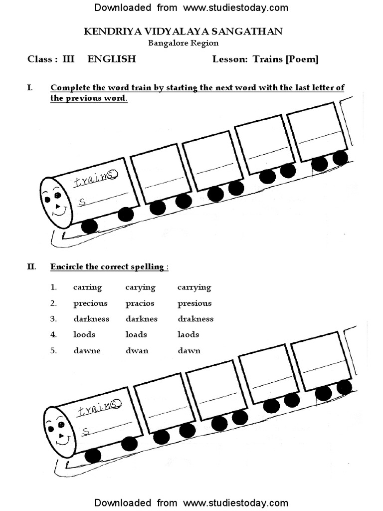 CBSE Class 3 English Practice Worksheets (35) - Trains (Poem) | PDF