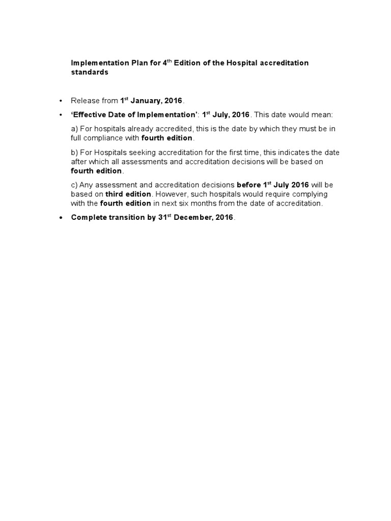 Implementation Plan For 4 Edition of The Hospital Accreditation ...