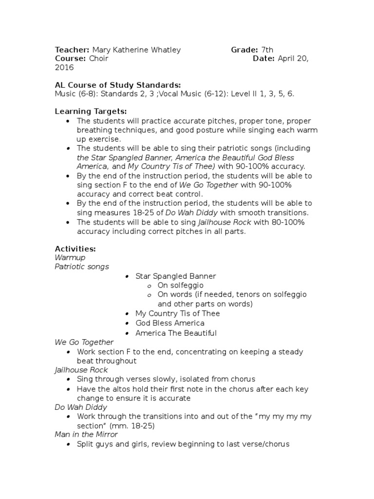 7th Grade Choir Lesson Plan | PDF