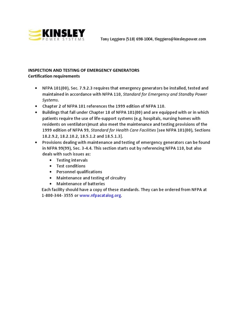 NFPA Generator Requirements | PDF | Switch | Nursing Home Care
