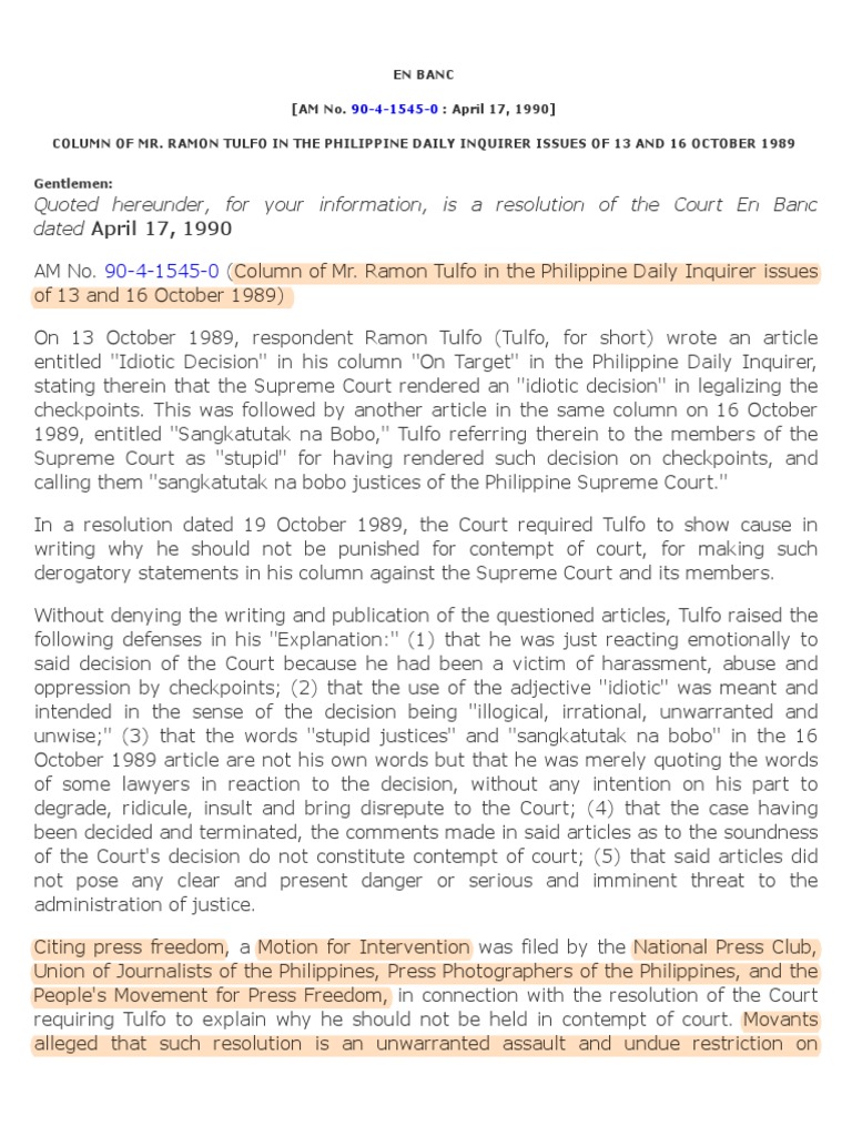 in Re - Column of Ramon Tulfo 4171990 | PDF | Contempt Of Court | Virtue