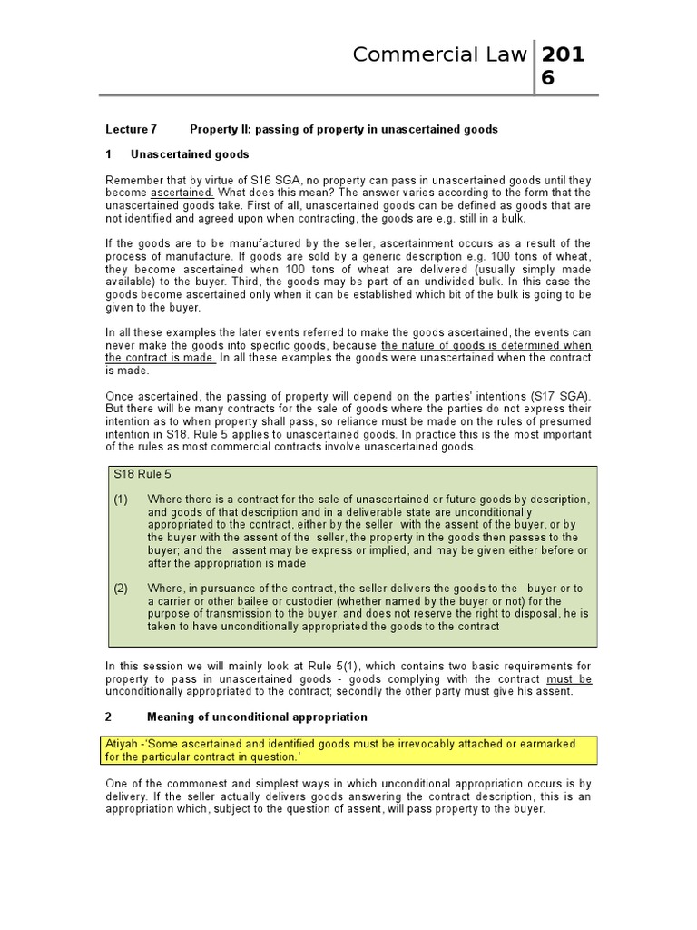 Commercial Law Module Guide 2016 Lecture 7 Notes | PDF | Ownership | Sales