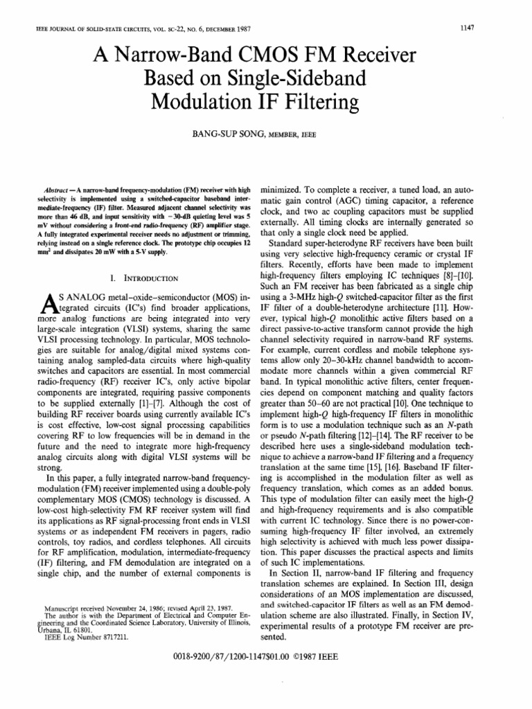 A Narrow-Band CMOS FM Receiver Based On Single-Sideband Modulation IF ...