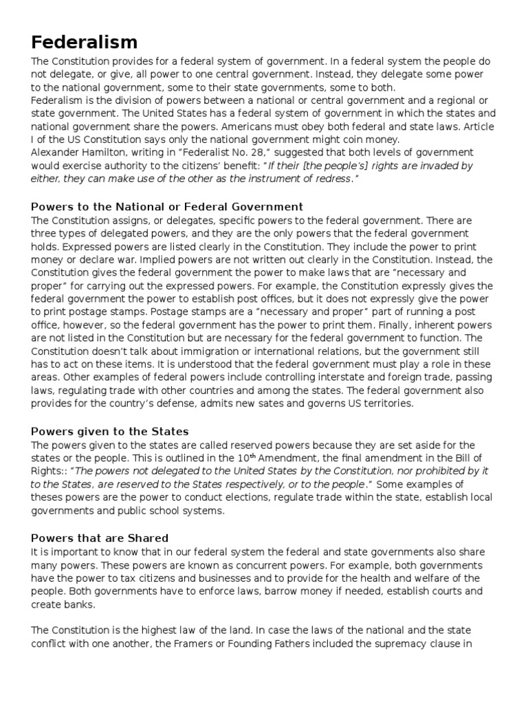 Federalism Reading | PDF | United States Constitution | U.S. State