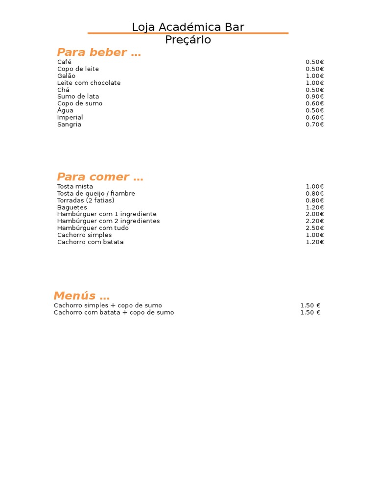 Preçário da Loja Académica Bar | PDF