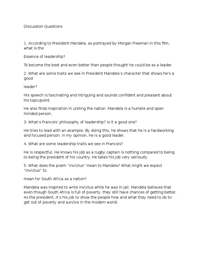 Invictus Discussion Questions and Answers Download | PDF