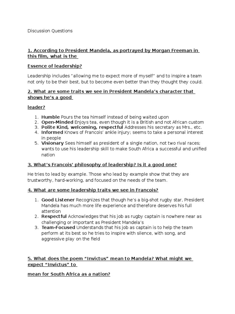 Invictus Leadership Discussion Questions | PDF | Career & Growth ...
