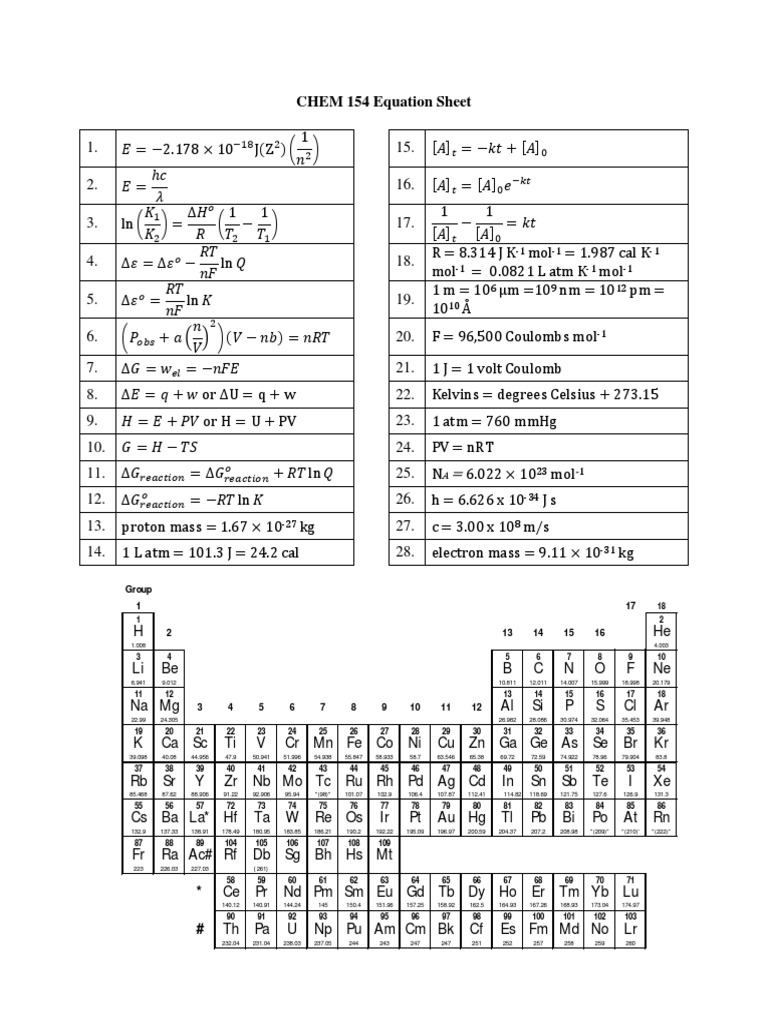 CHEM 154 Equation Sheet | PDF