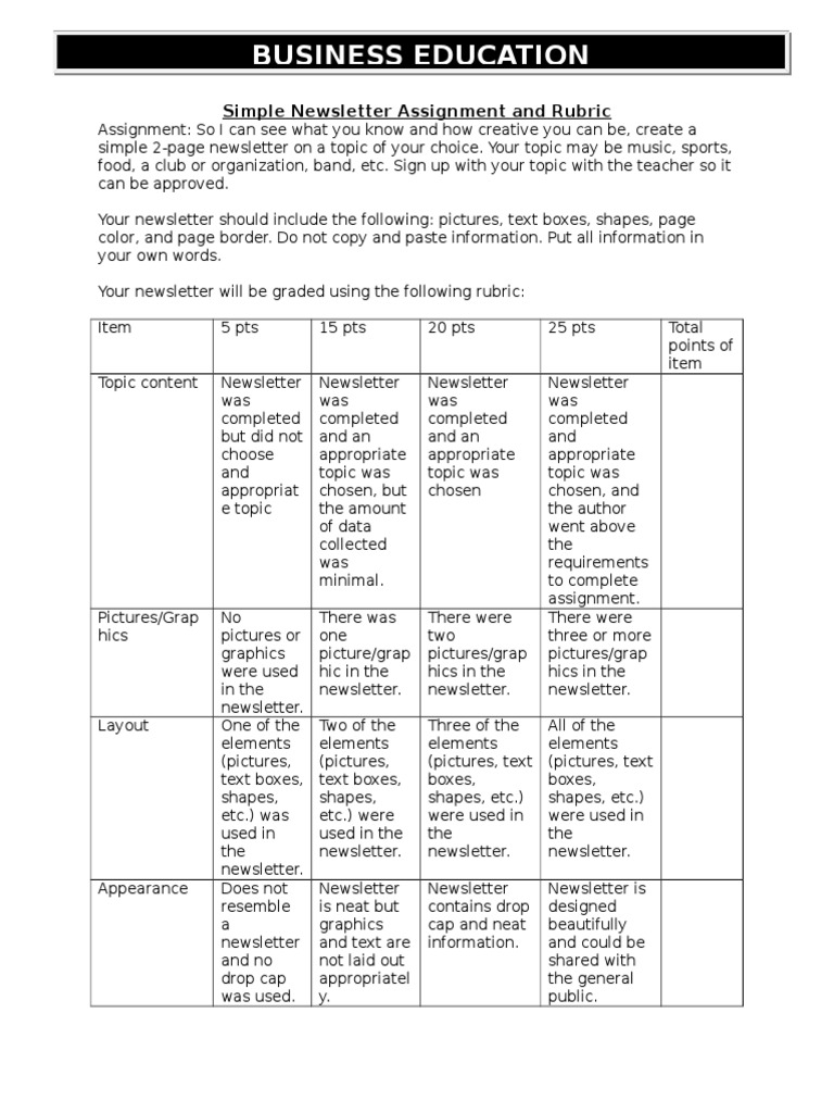 Simple Newsletter Assignment Rubric | PDF | Social Science