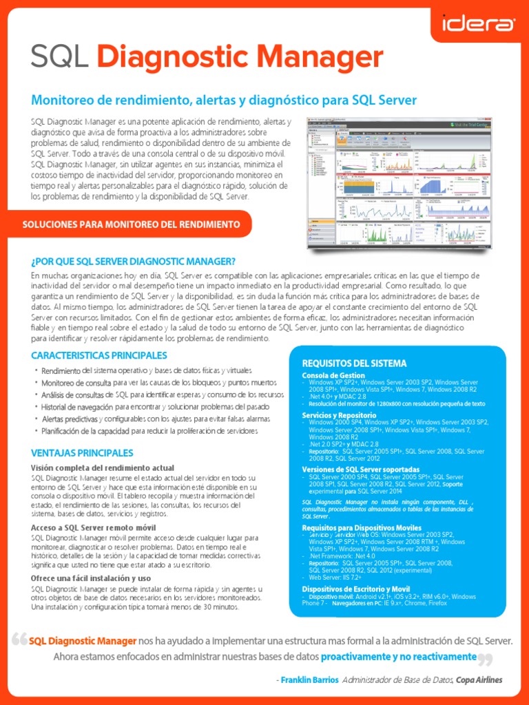 Idera Datasheet SQL Diagnostic Manager Spanish | PDF | Servidor SQL de Microsoft | Microsoft Windows