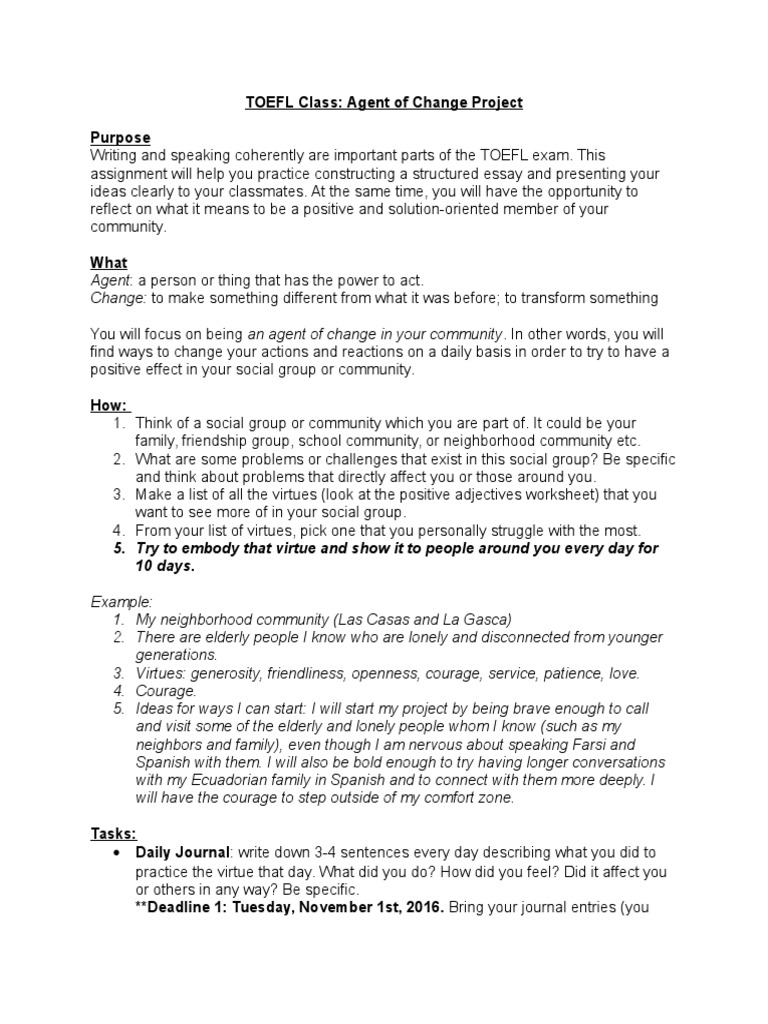 TOEFL Agent of Change Project Guide | PDF | Career & Growth