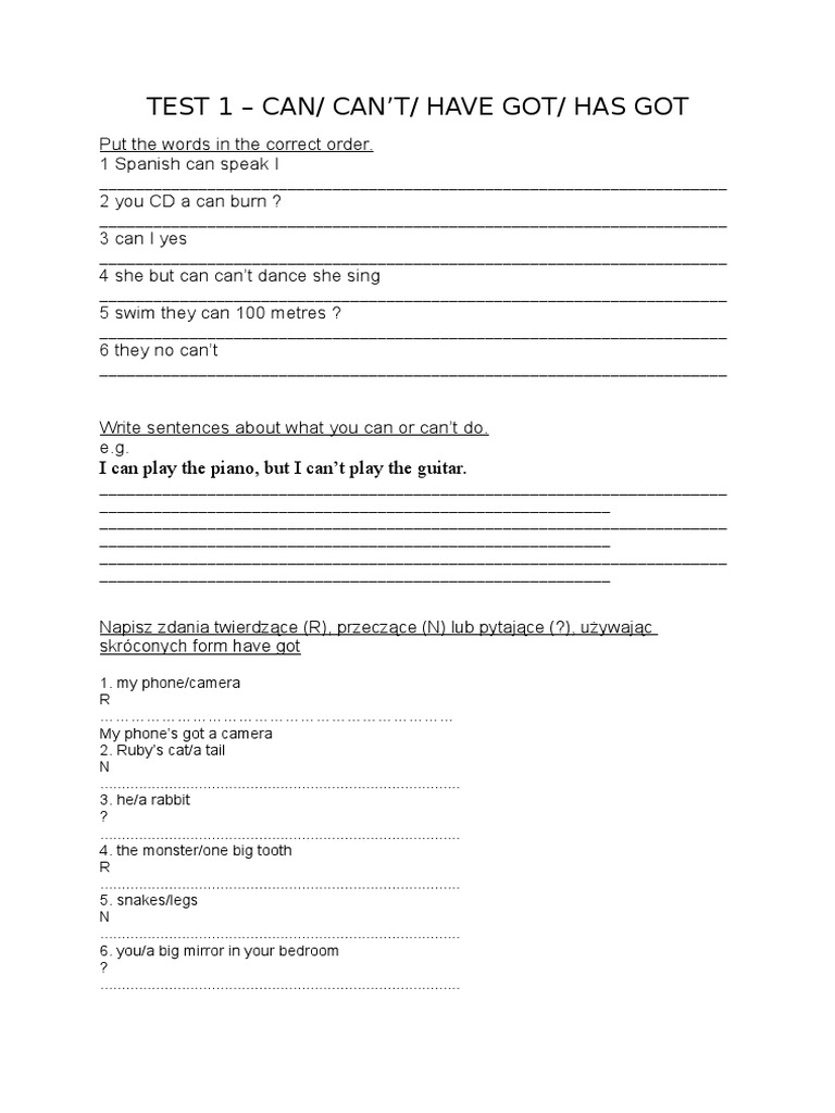 English Grammar: Can/Can't & Have Got | PDF | Language Arts ...