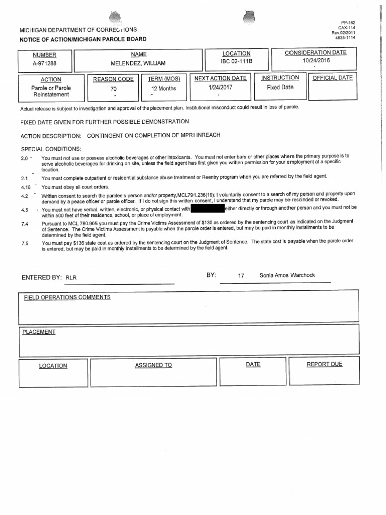 William Melendez Parole Case Summary | PDF | Parole | Criminal Record