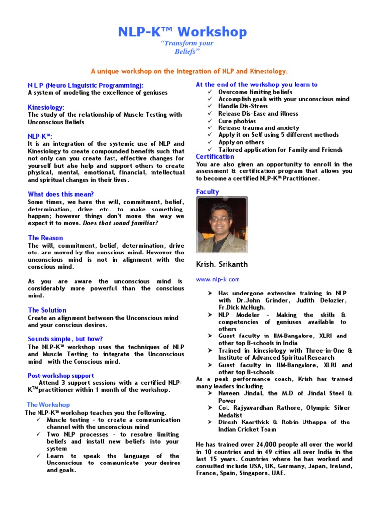 Nlp K Brochure Neuro Linguistic Programming Kinesiology Pdf Neuro