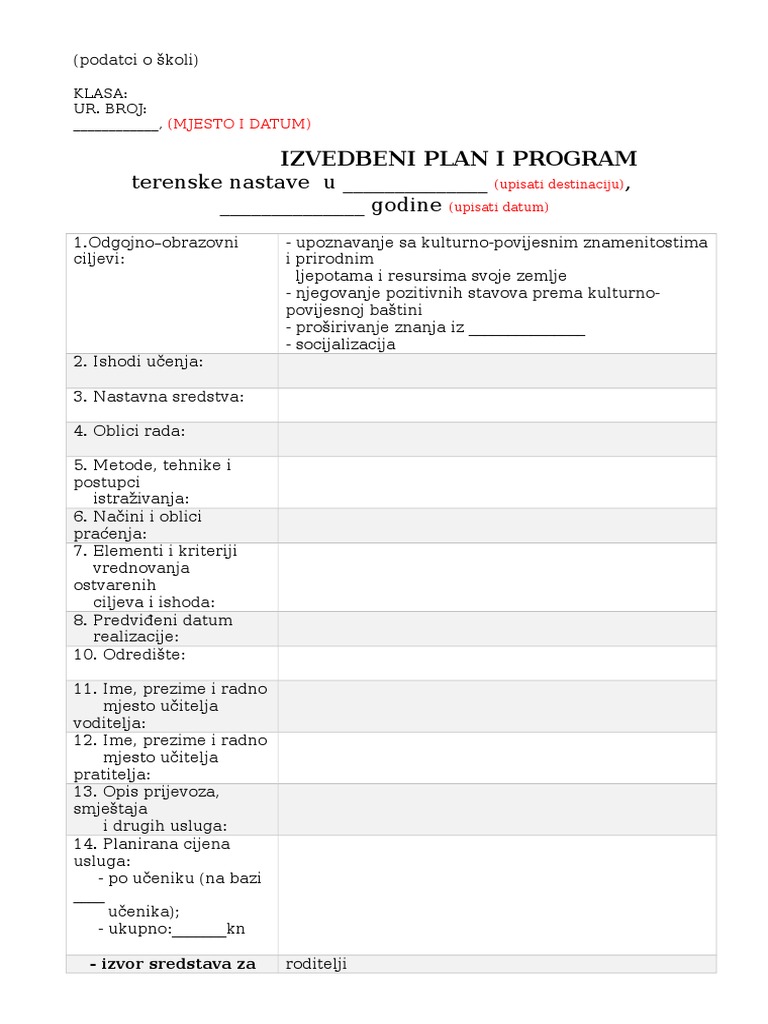 Izvedbeni Plan I Program Terenske Nastave Za Skole | PDF