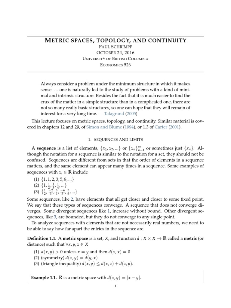 Etric Spaces Topology and Continuity: U B C E 526 | PDF | Compact Space | Continuous Function
